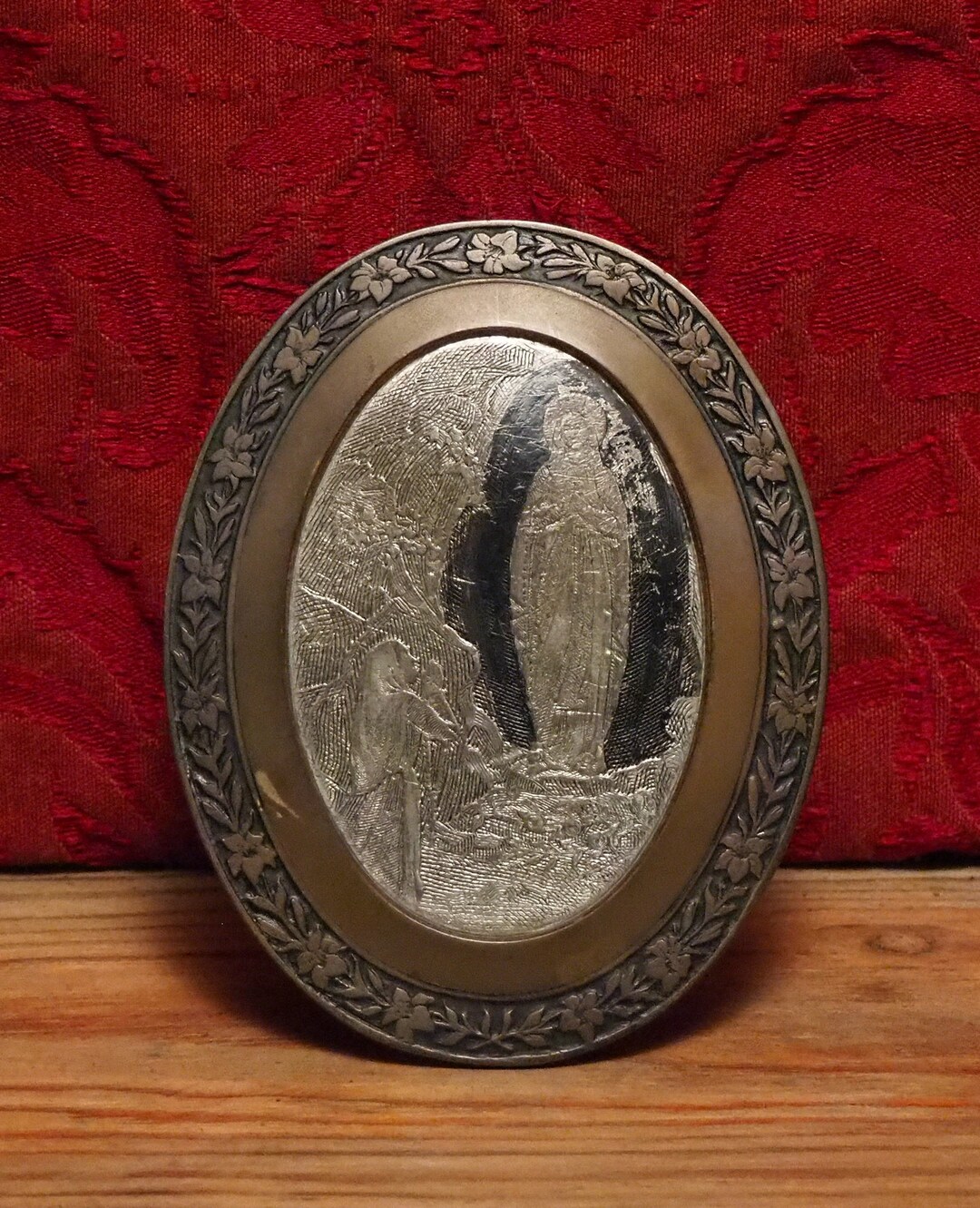 Antique French Religious Desk Stand Prayer Ornate Plaque Our Holy ...