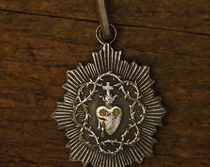 Antique Silvered French Religious Cross Medal Pendant Sacred Heart Ex ...