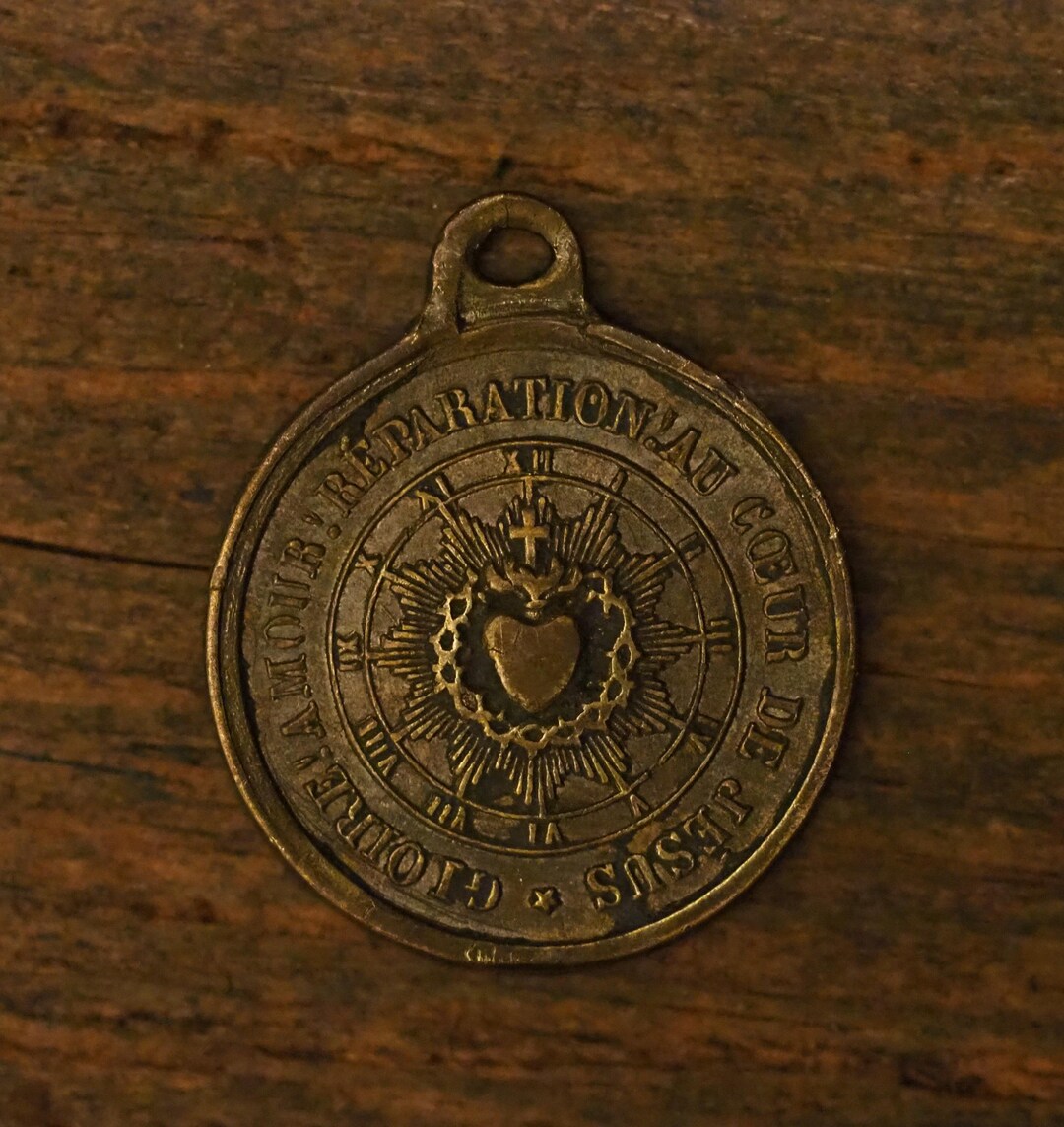 Antique French Religious Bronze Medal Pendant Repair Glory Love in the ...
