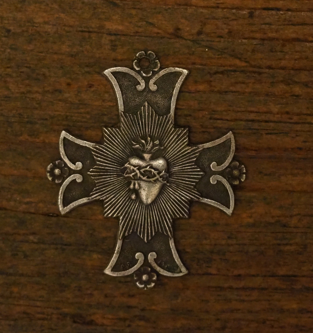 Antique Silvered French Religious Cross Medal Pendant Sacred Heart ...