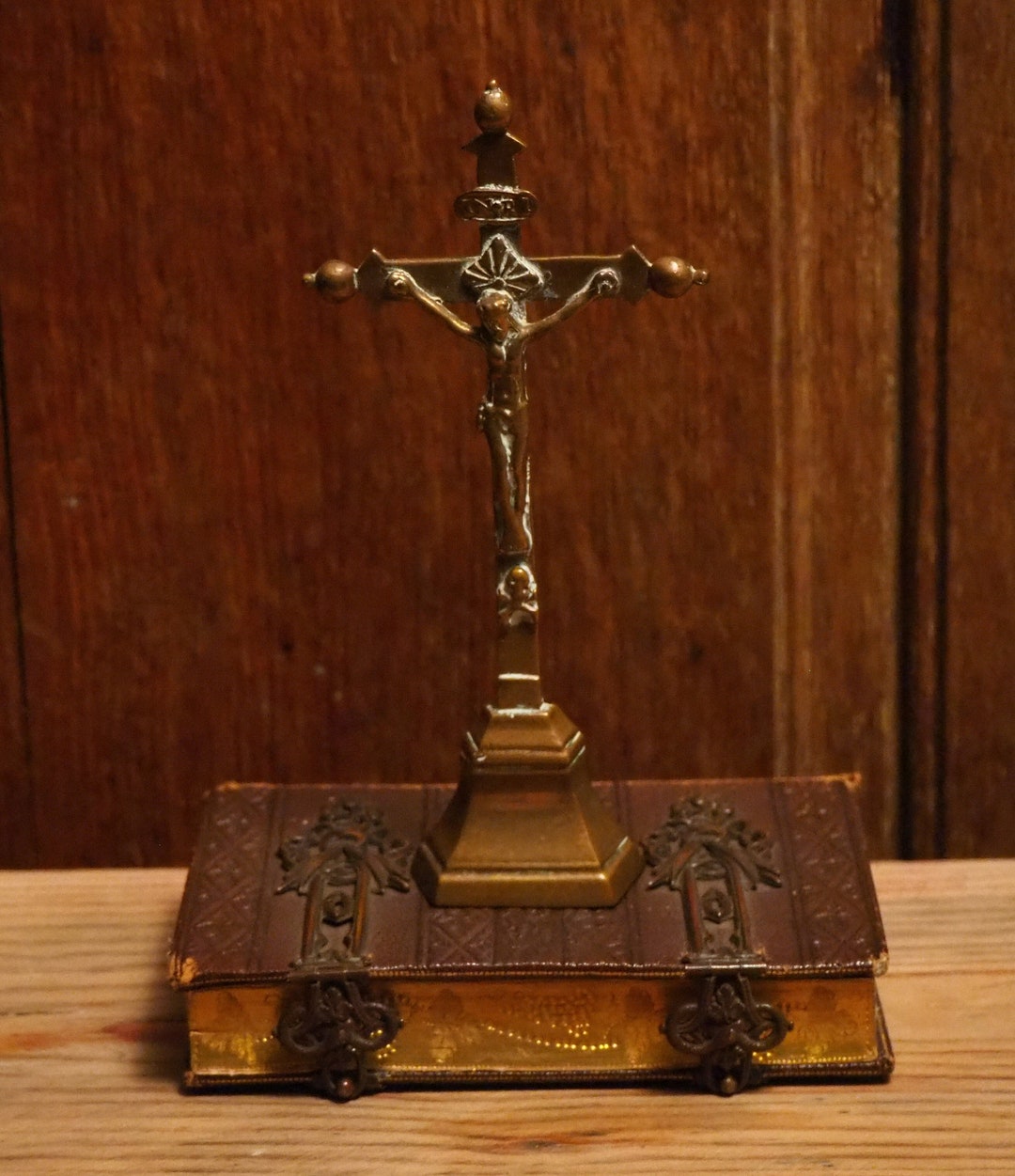 Small Antique Religious Bronze Brass Pectoral Altar Crucifix Cross ...