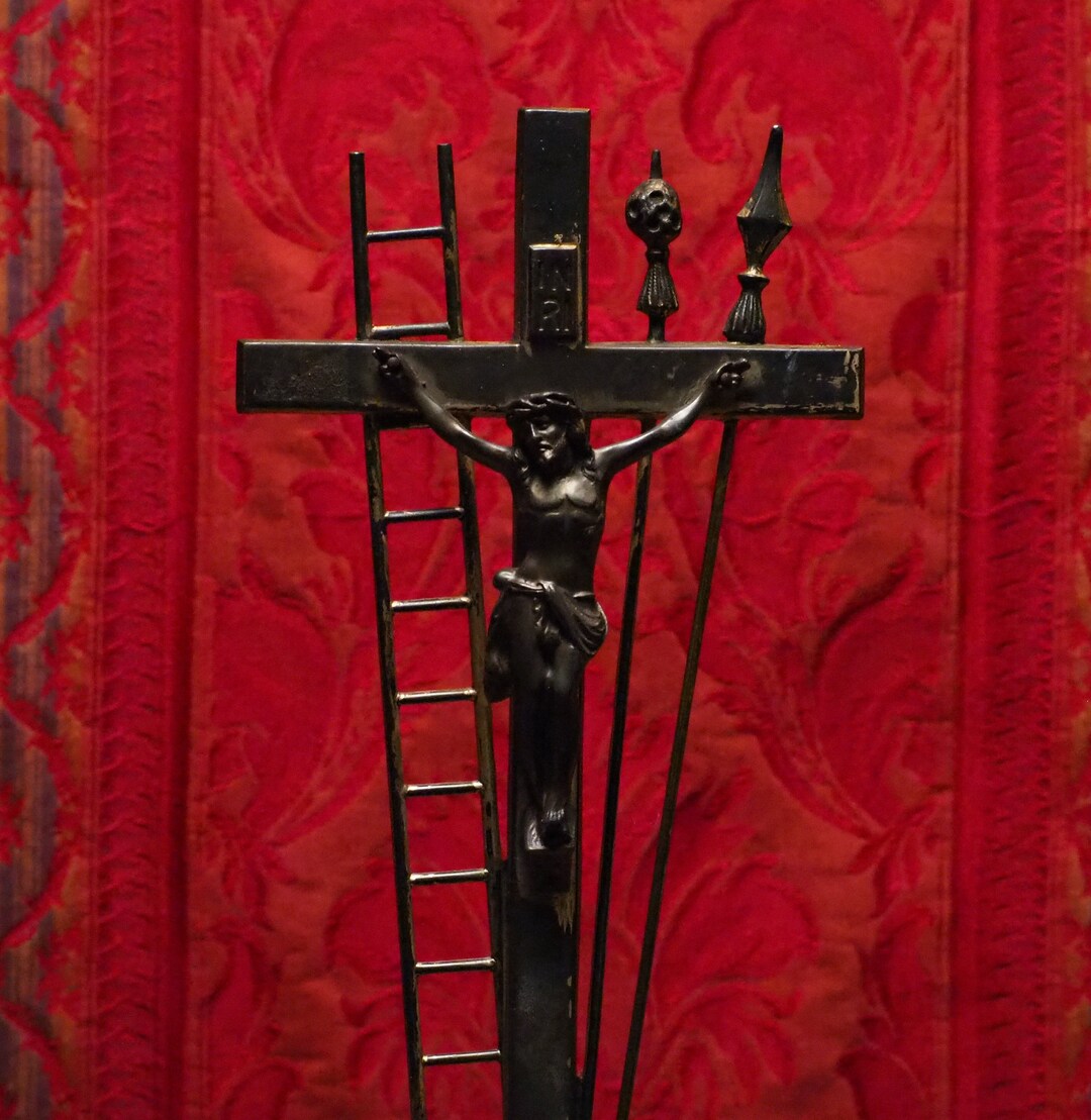 Antique French Art Deco Religious Bronze Look Altar Crucifix Cross With ...