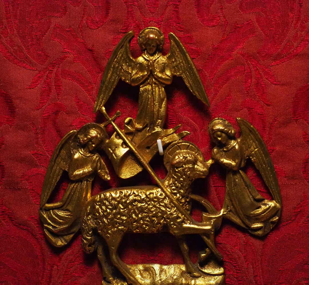 Antique Brass Holy Water Font Wall Plaque of the Holy Lamb With Banner ...