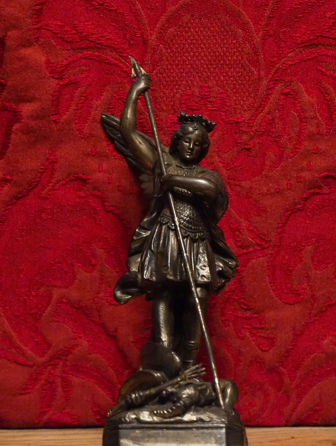 Antique Bronze Look Statue of Saint Guardian Angel Michael Fighting the ...