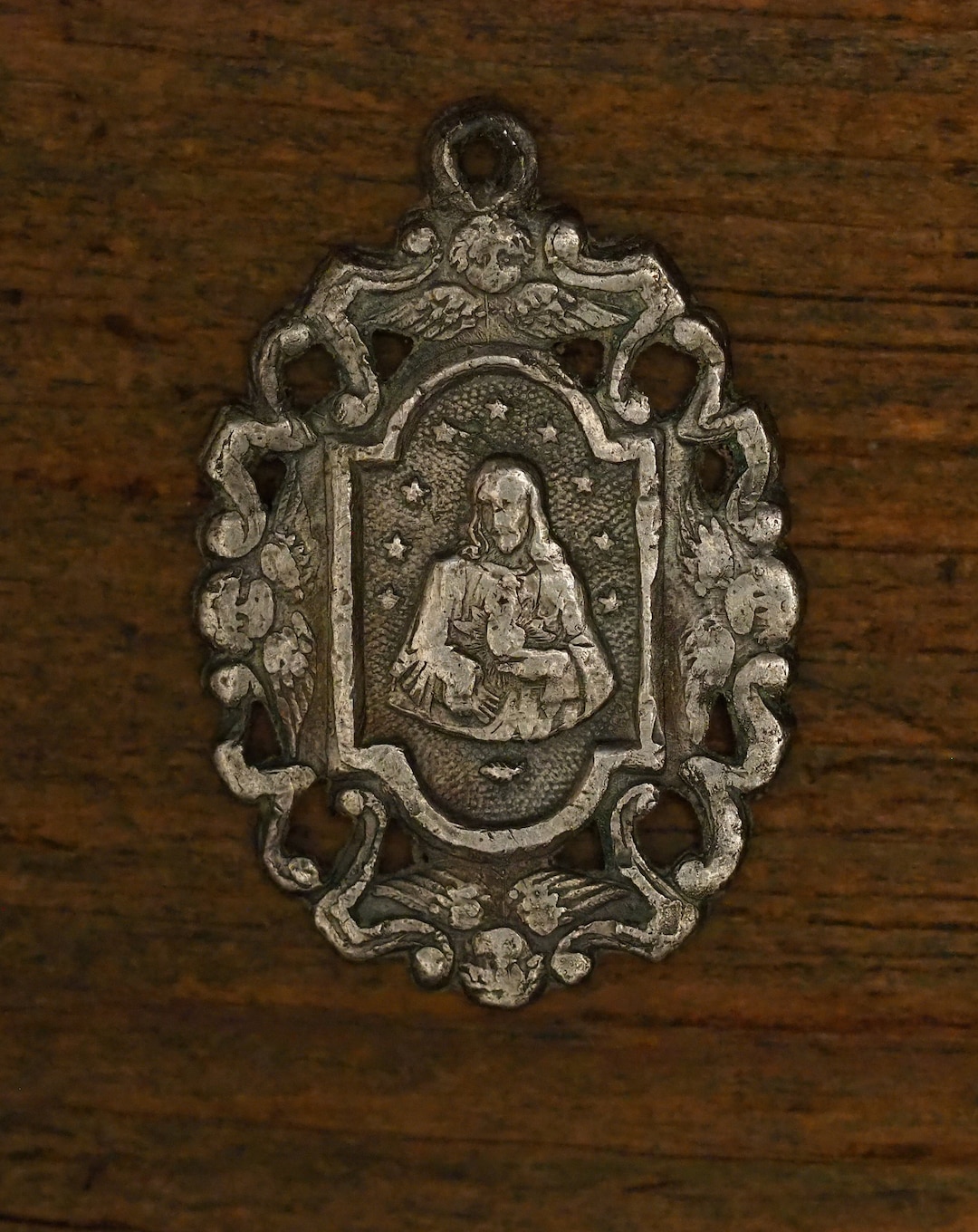 Antique Silvered French Religious Medal Pendant Monogram IHS Sacred ...