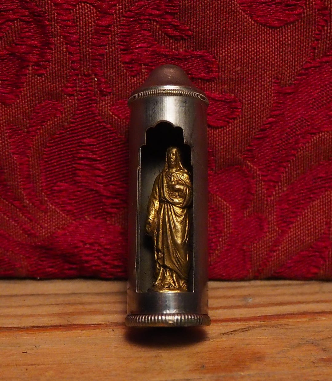 Antique Pocket Shrine With Brass Miniature Statue of the Sacred Heart ...