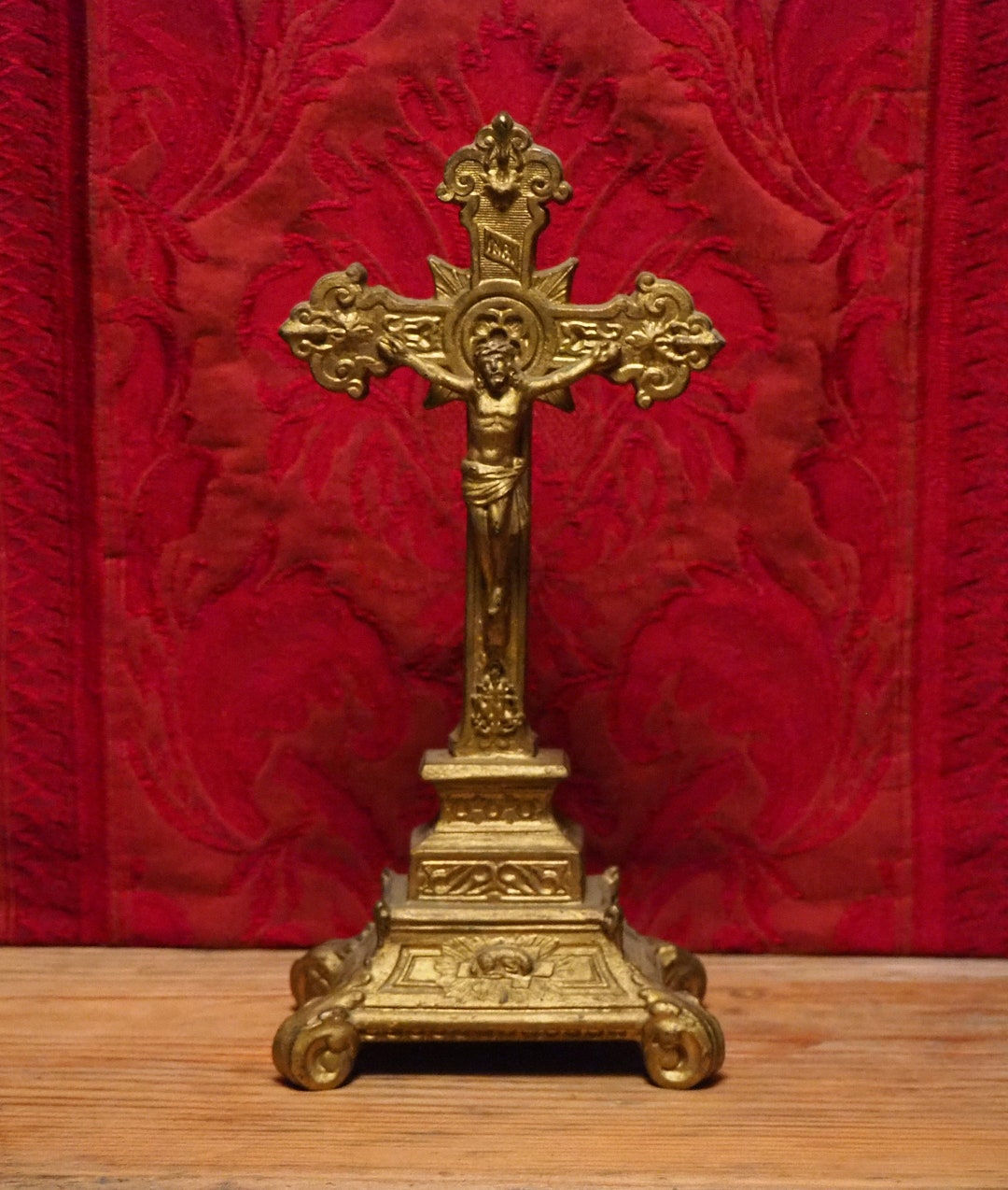 Antique French Religious Bronze Look Altar Crucifix Cross With the Holy ...