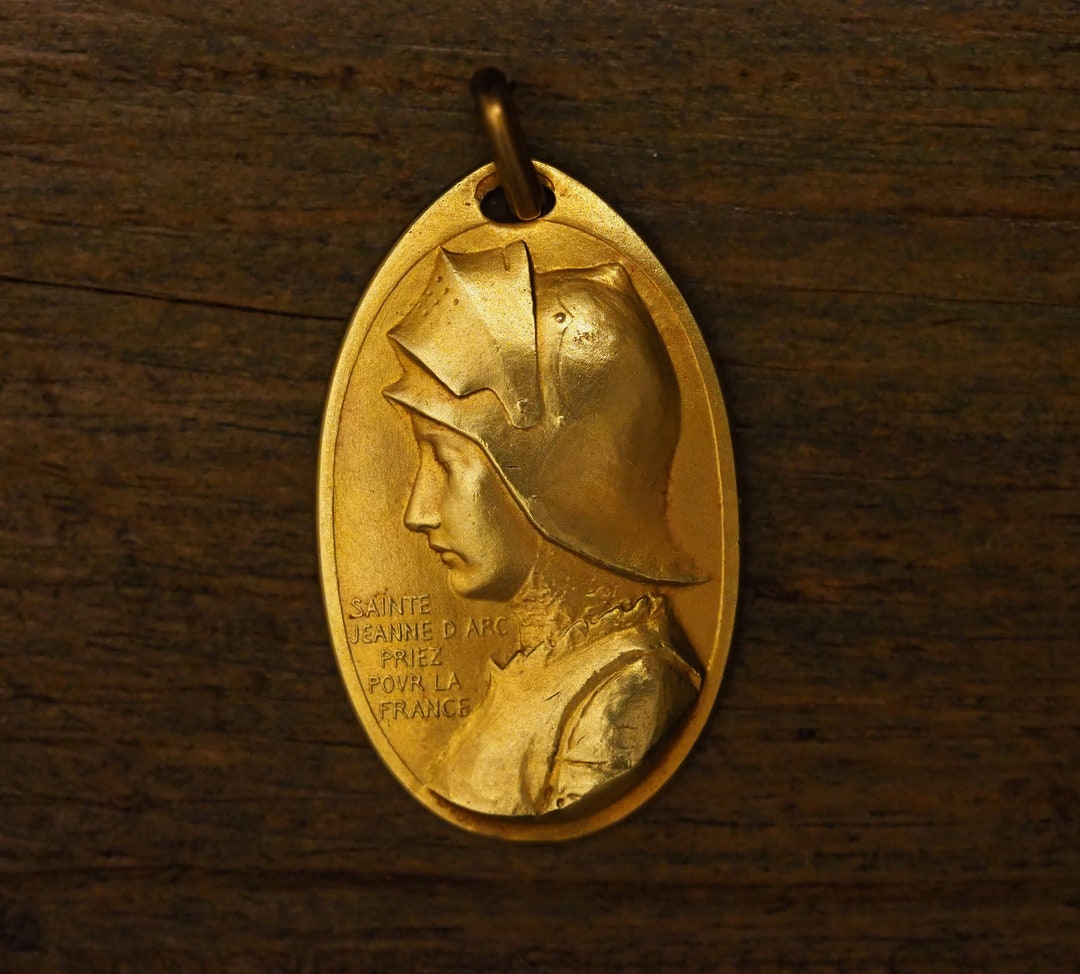Antique French Gold Look Gilded Religious Art Medal Pendant Joan of Arc ...