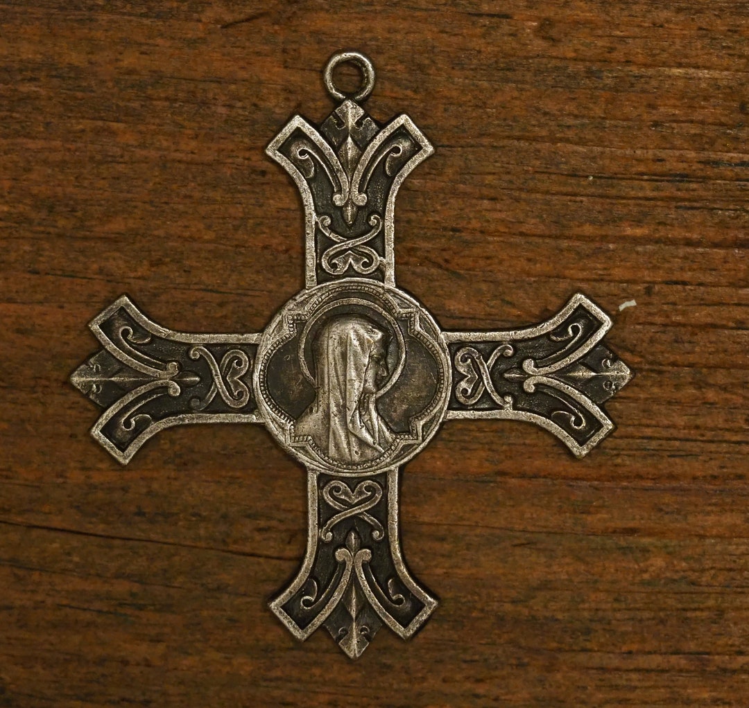 Antique French Religious Silvered Cross Pendant Mary Diocese of Arras ...