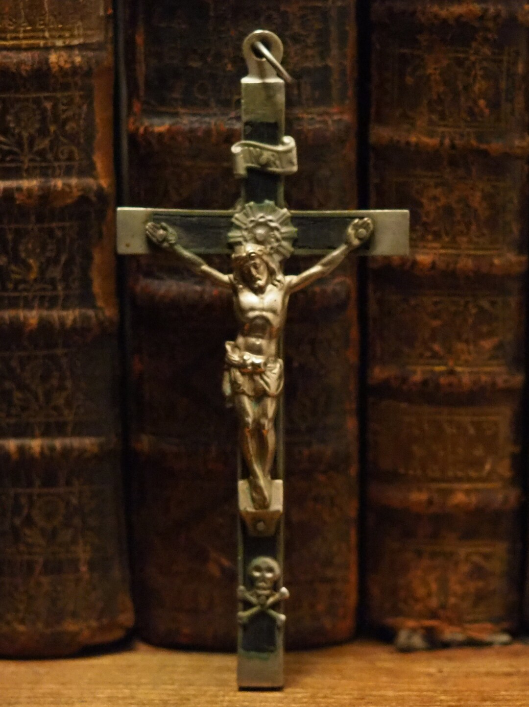 Antique Pectoral Skull Cross Bones Crucifix Pendant Silvered With Ebony ...