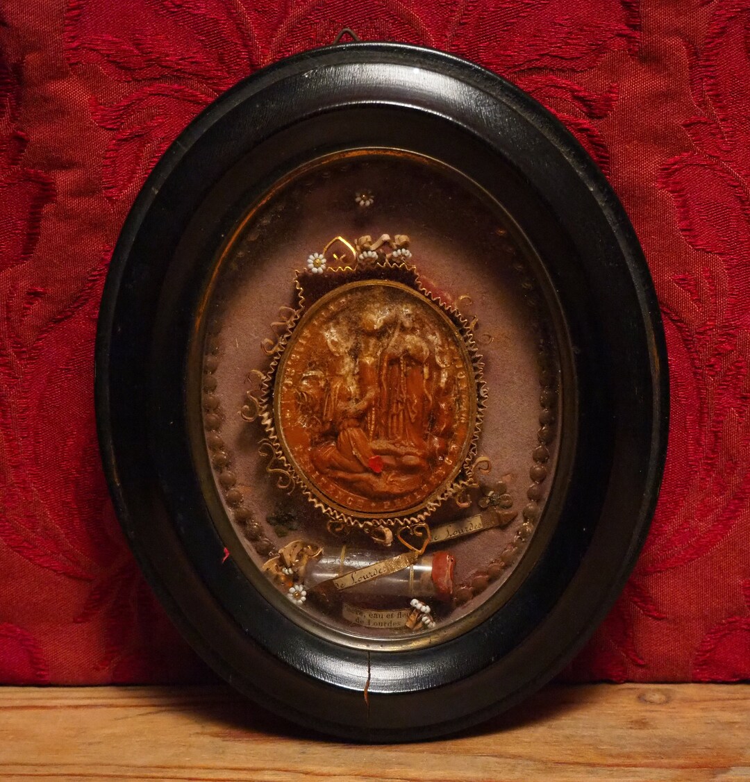 Antique Religious Reliquary Wooden Frame With Glass Contains Wax ...