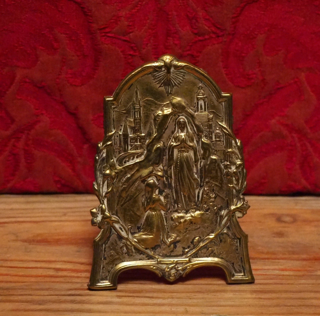 Antique French Religious Desk Stand Prayer Ornate Plaque Our Holy ...