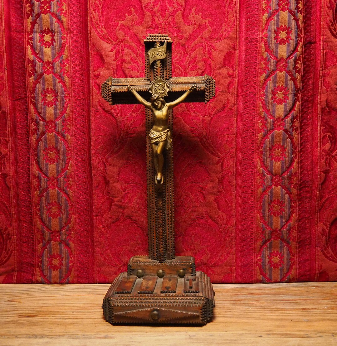 Antique Religious Altar Crucifix Cross in Tramp Art Hand Carved Wood ...