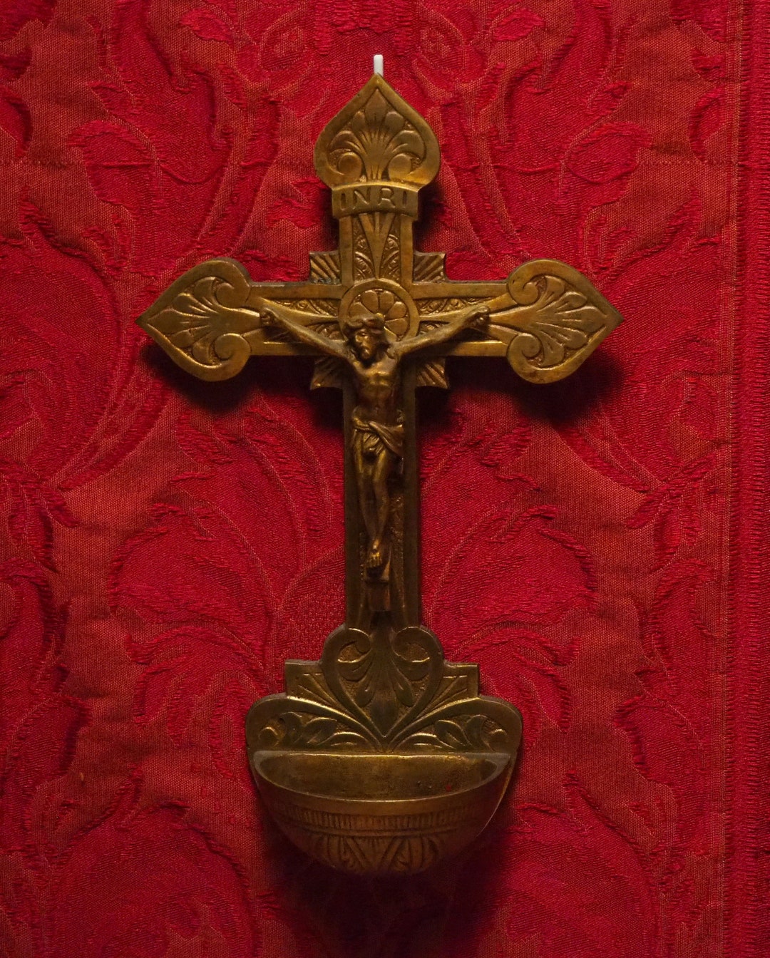 Antique Wall Hanging Religious Bronze Brass Holy Water Font Cross ...