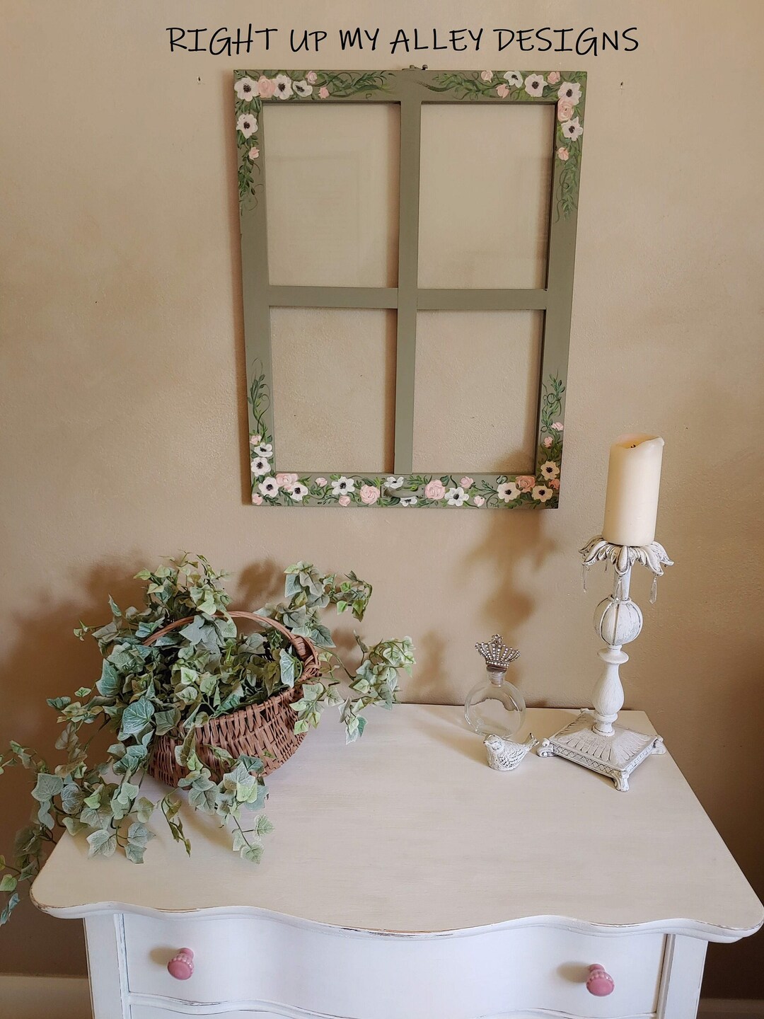 Painted Window, Window Pane Art, Floral Painted Window, Peach and Green ...