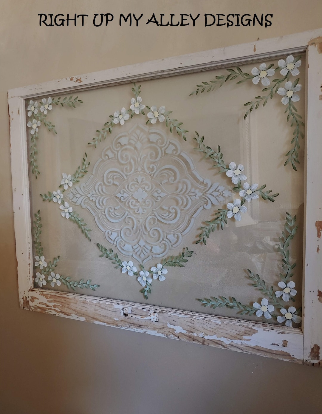 Painted Window, Window Pane Art, White Floral Art, Damask Stencil ...