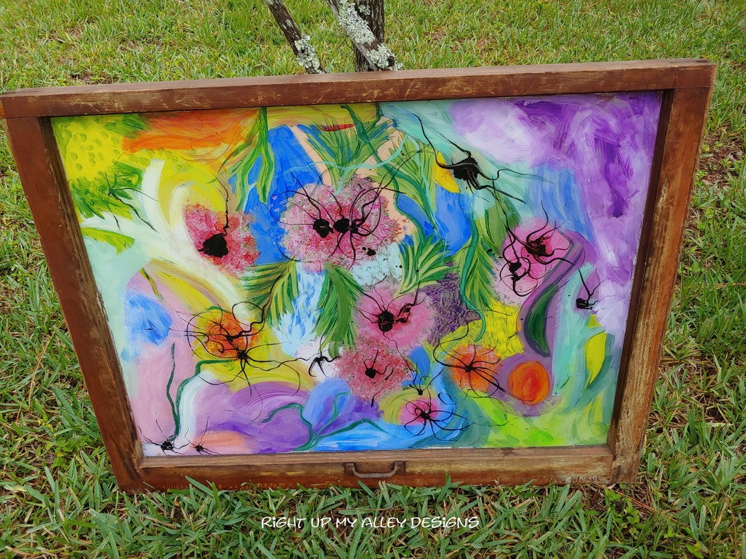 Painted Window, Window Pane Art, Bohemian Wall Decor, Window Wall Art ...