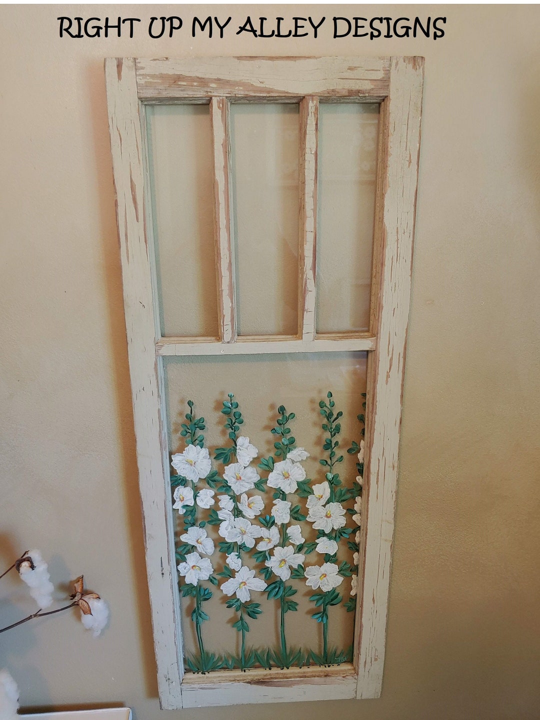 Window Art, Painted Window, Hollyhock Window, White Flower Art, Garden ...