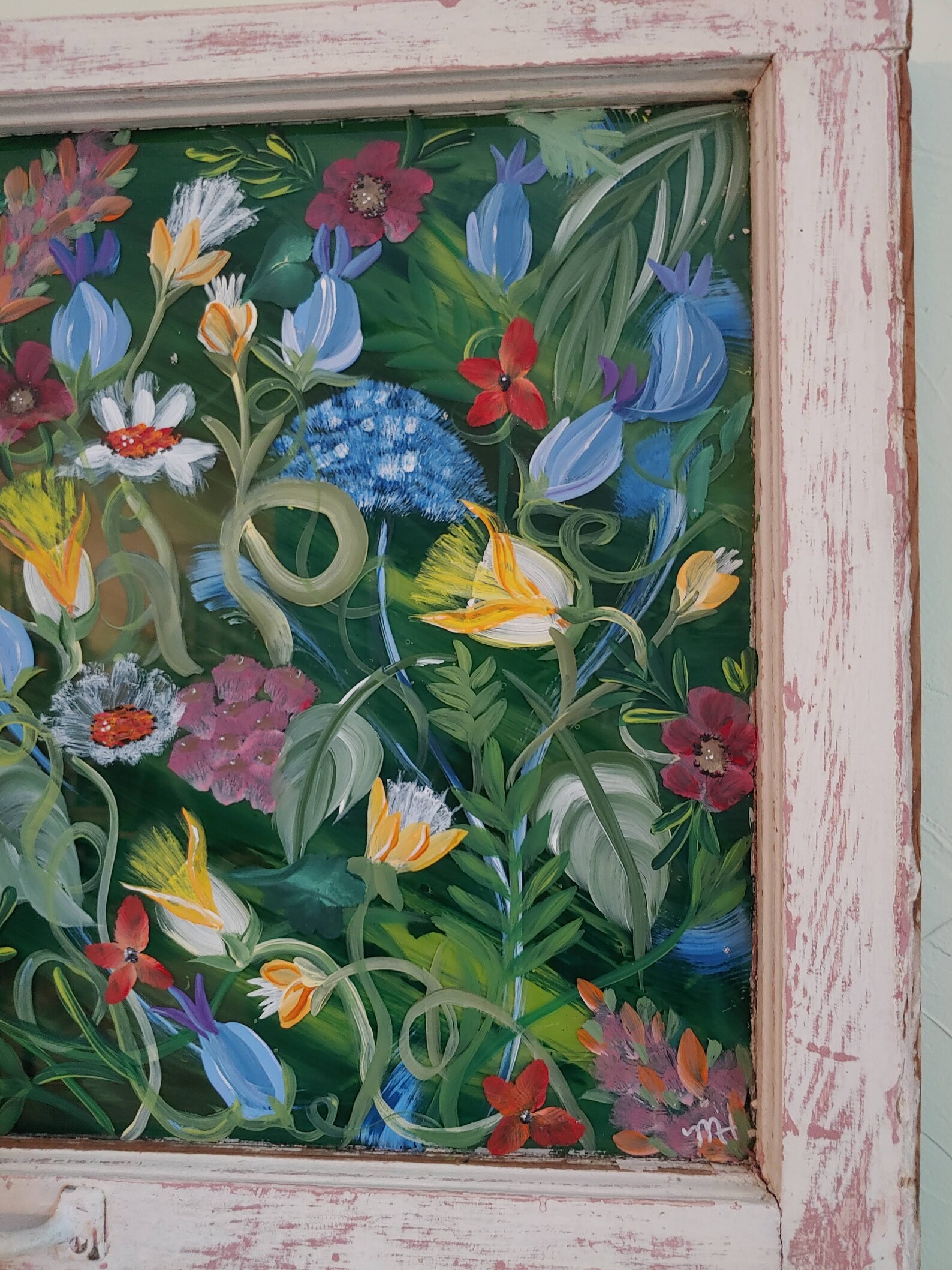 Painted window Floral painted window Window pane art | Etsy