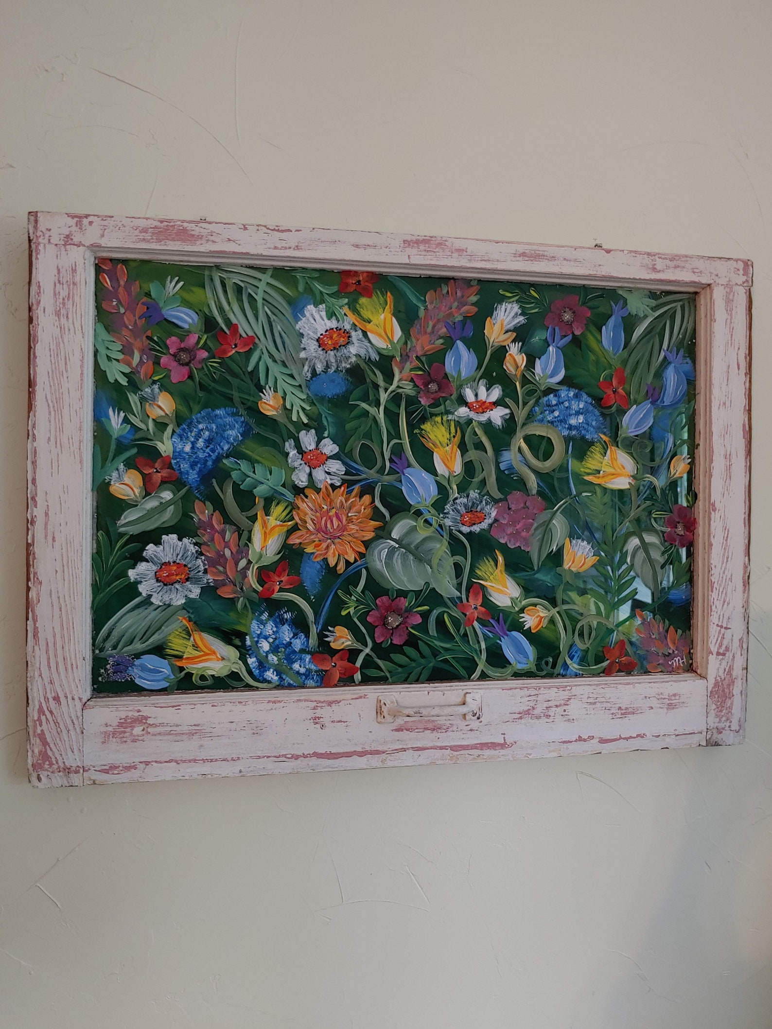 Painted Window, Floral Painted Window, Window Pane Art, Painted Old ...