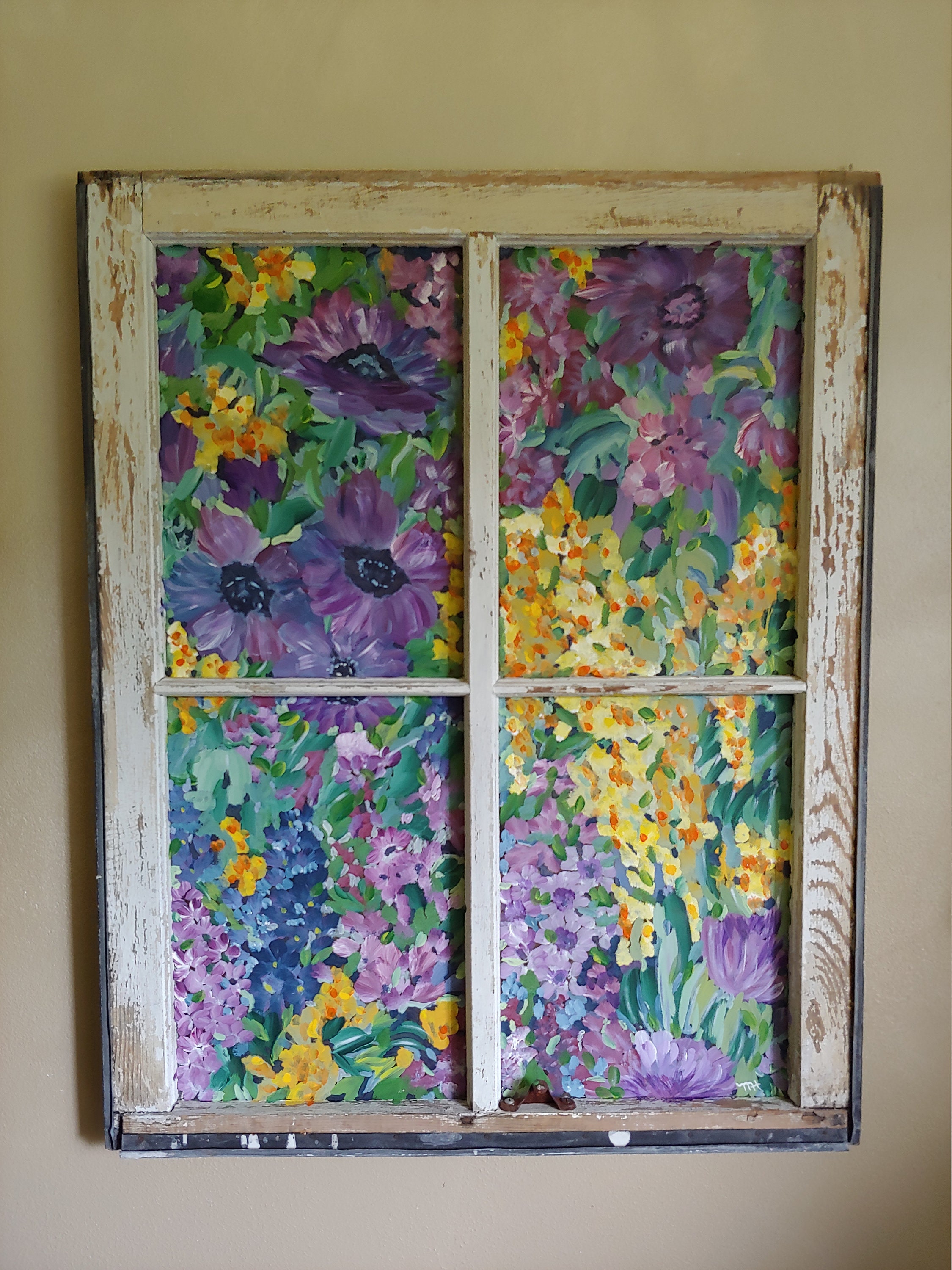 Vintage Window Art, Vintage Window Painting, Old Window Art, Stain ...
