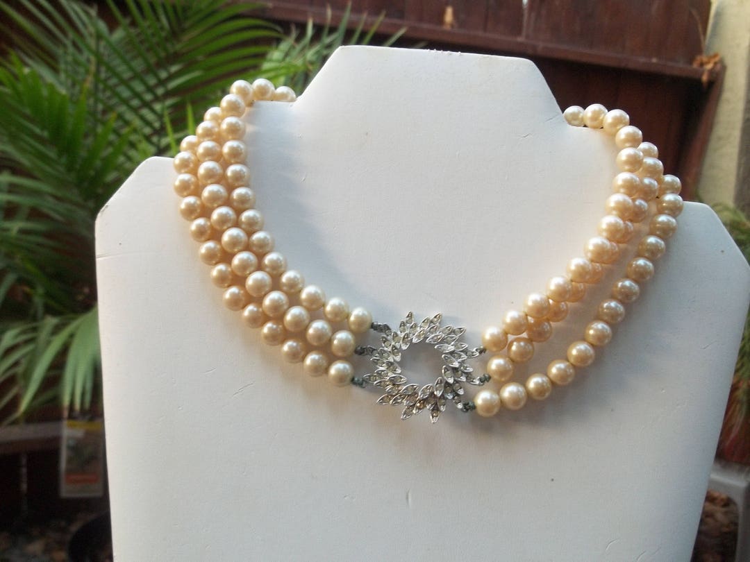 Vintage Deltah Simulated Glasss Pearls, Three Strands With Silver ...