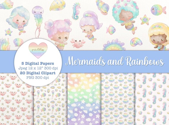 Mermaids and Rainbows Clipart and Digital Paper Bundle - Etsy