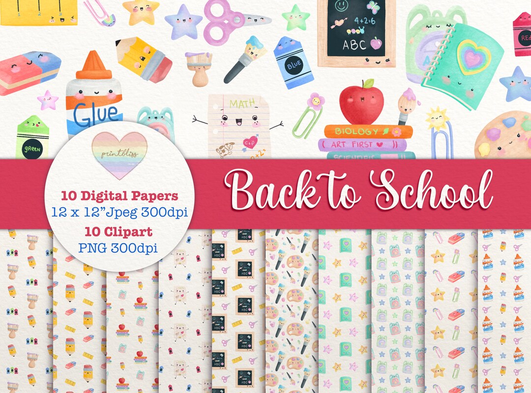 Back to School Clipart and Digital Paper Bundle - Etsy