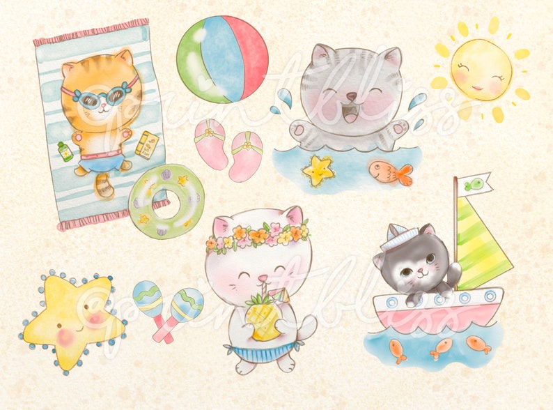 Kitties Beach Day Clipart and Digital Paper Bundle - Etsy