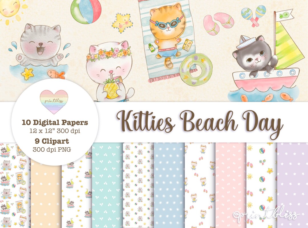 Kitties Beach Day Clipart and Digital Paper Bundle - Etsy