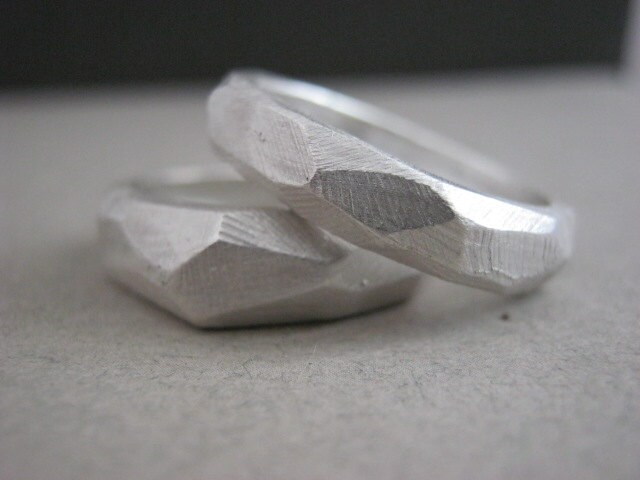 Faceted Wedding Ring Set, Modern Geometric Rustic Style, Sterling Silver , Hand Made Bride ...