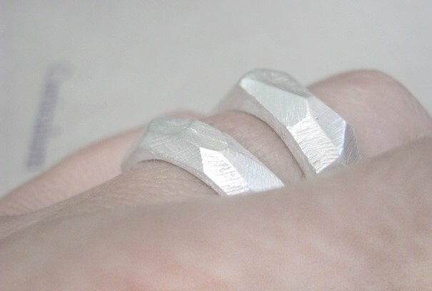 Faceted Wedding Ring Set, Modern Geometric Rustic Style, Sterling Silver , Hand Made Bride ...