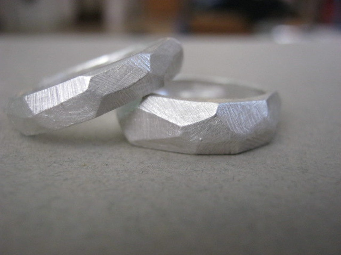Faceted Wedding Ring Set, Modern Geometric Rustic Style, Sterling ...