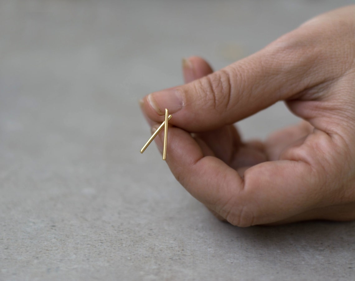 Minimalist Line Earrings, Golden String Earrings, Tiny Studs, Ear ...