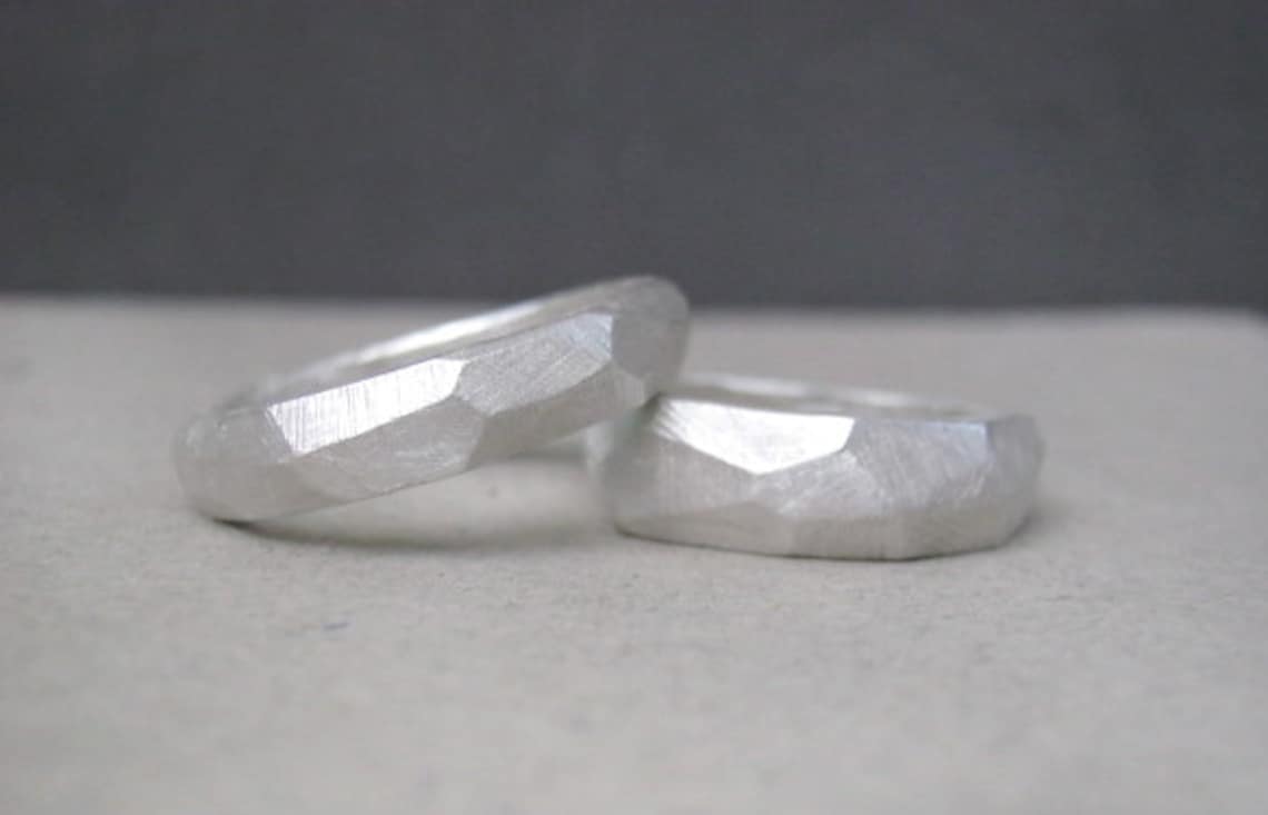 Faceted Wedding Ring Set, Modern Geometric Rustic Style, Sterling ...