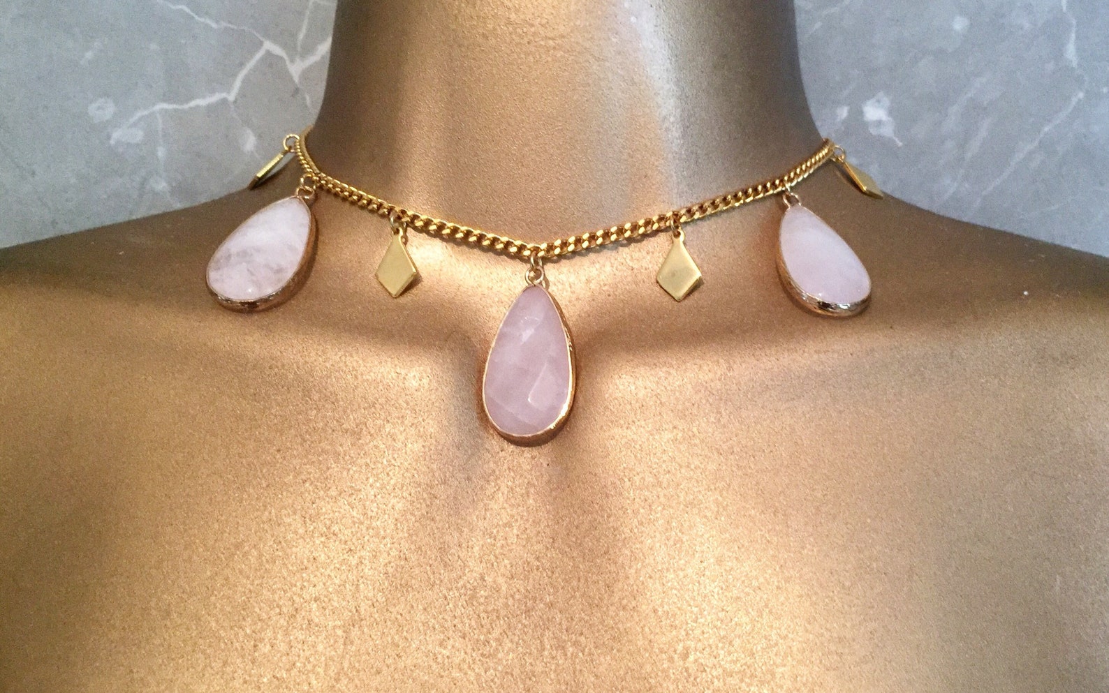 Gold Rose Quartz Charm Necklace- Raw Rose Quartz Choker- Rose Quartz ...