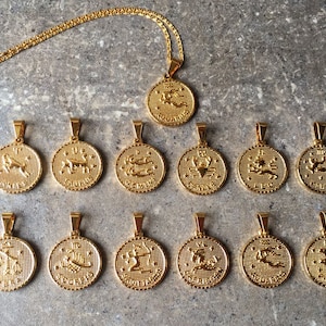 1" Zodiac Coin Medallion Necklace- Astrology Sign- Gold Star Sign ...
