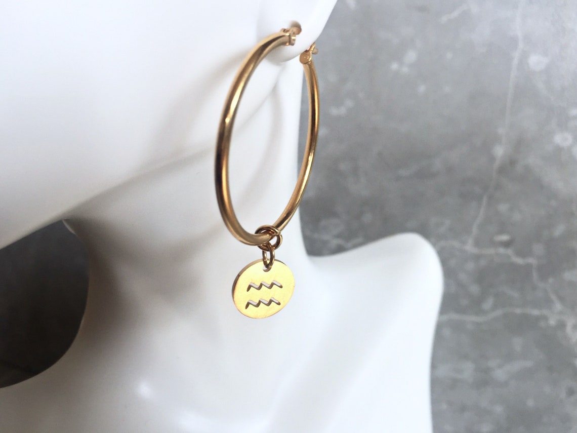 Zodiac Coin Hoop Earrings - Astrology Sign Earrings- Gold Star Sign ...