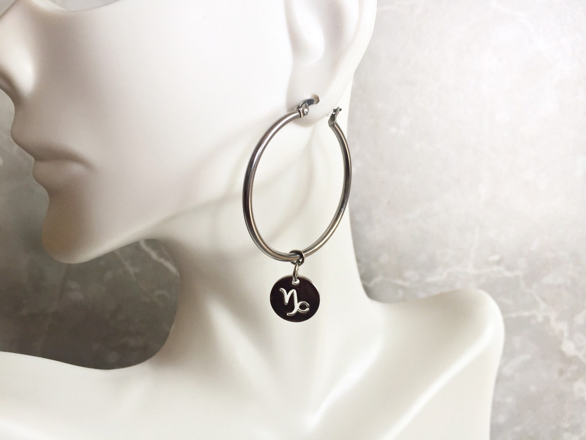 Zodiac Coin Hoop Earrings - Astrology Sign Earrings- Silver Star Sign ...