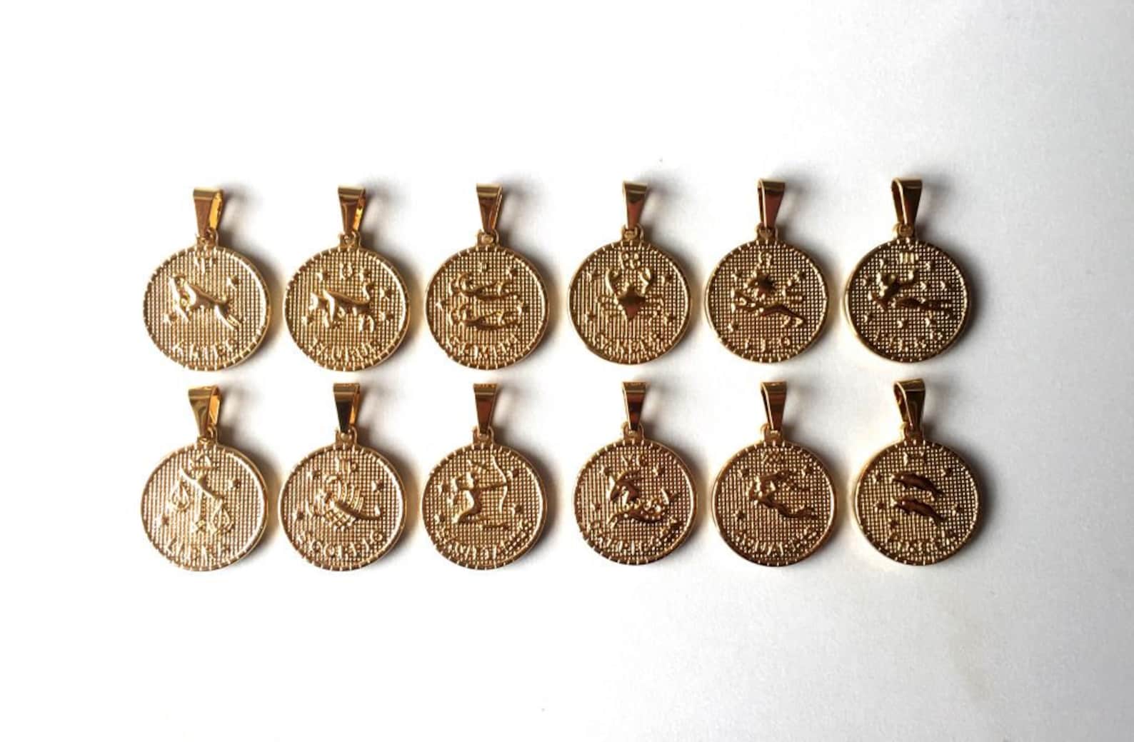 1 Zodiac Coin Medallion Necklace Astrology Sign Gold - Etsy