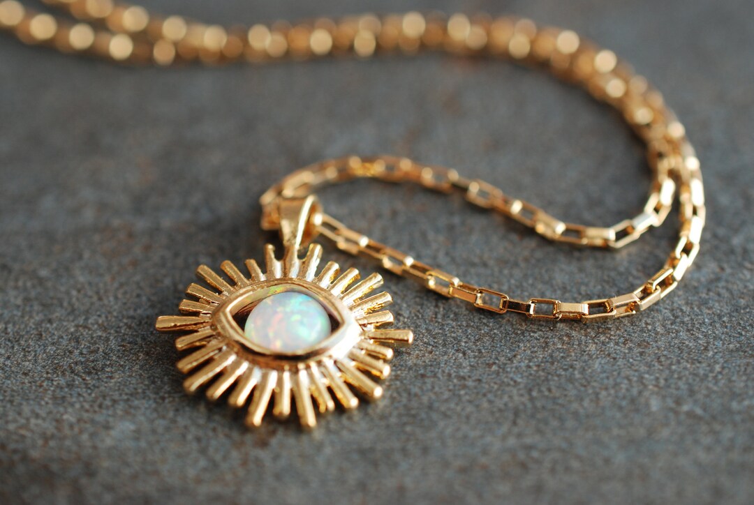 HELIOS . Evil Eye Sun Charm Necklace . Celestial Jewelry / Opal Glass ...