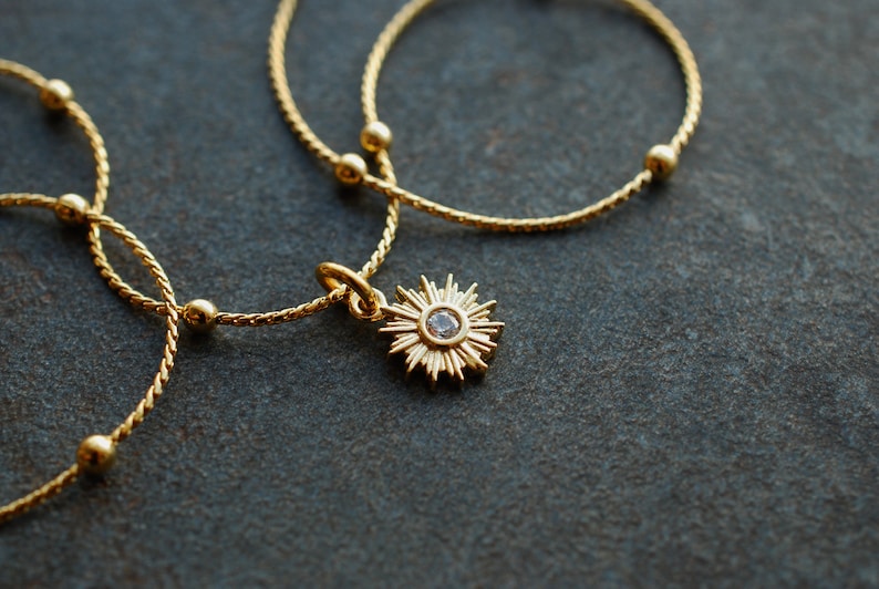 CELESTE . Tiny Sun Charm Necklace . 16k Gold Plated With Cubic Zirconia ...