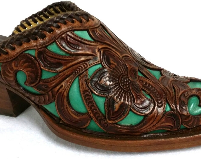 Corral Boots Teal Tooled Overlay Mule in Size 7M - Etsy