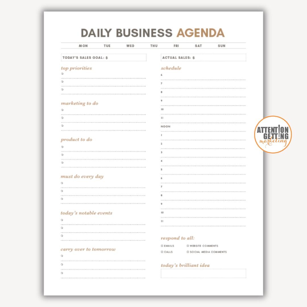 Daily Business Agenda Printable, Business Daily Agenda, Work Planner ...