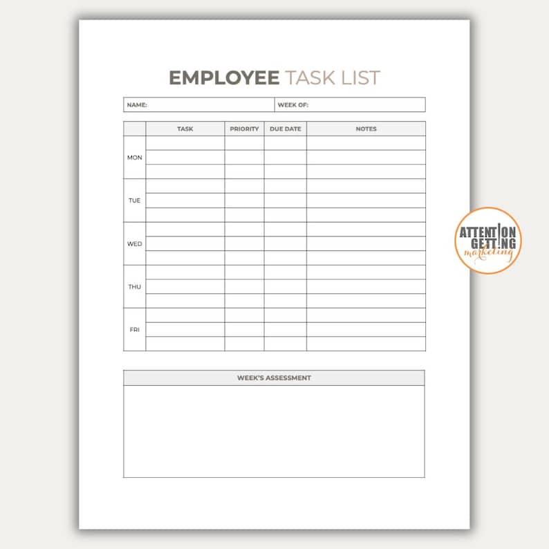 Employee Task List Weekly Editable Google Docs Printable PDF Employee ...