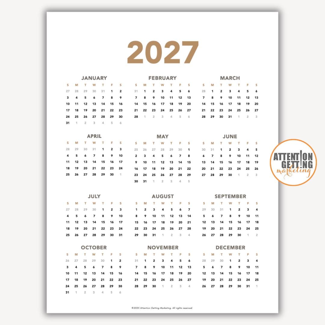 2027 Calendar Printable Year at a Glance PDF, 2027 One Page Calendar ...
