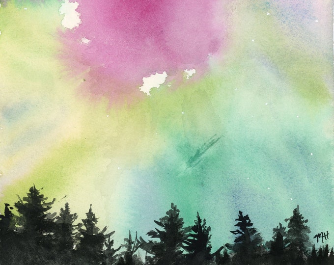 Aurora Borealis, PNW Northern Lights Watercolor, Original Watercolor ...