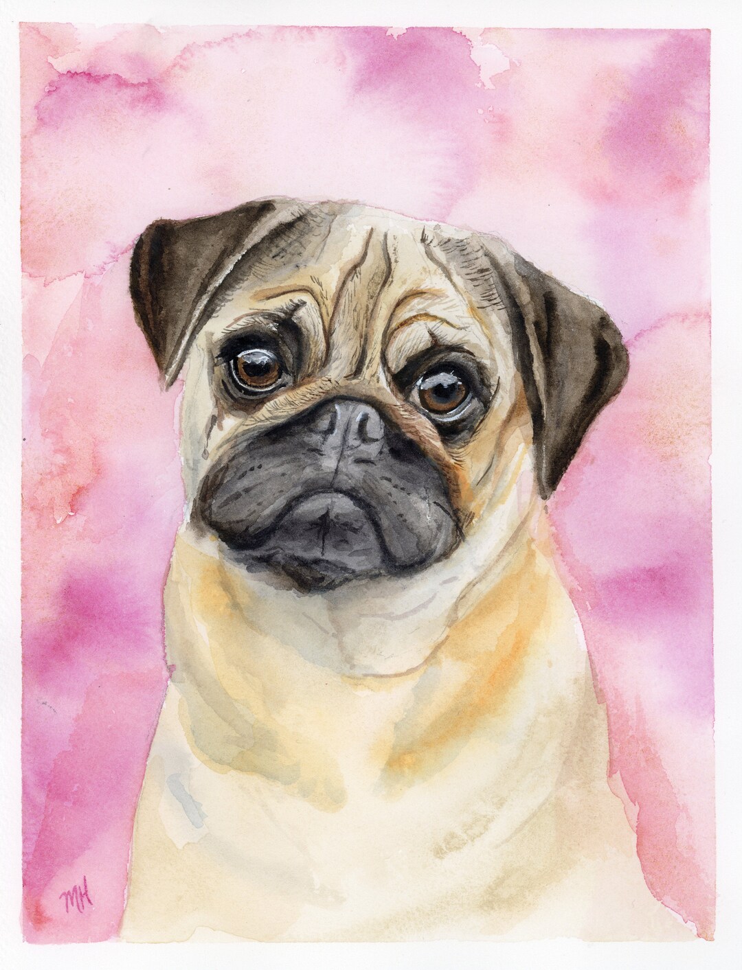 Pug Watercolor, Pet Portrait, Dog Watercolor, Original Watercolor ...