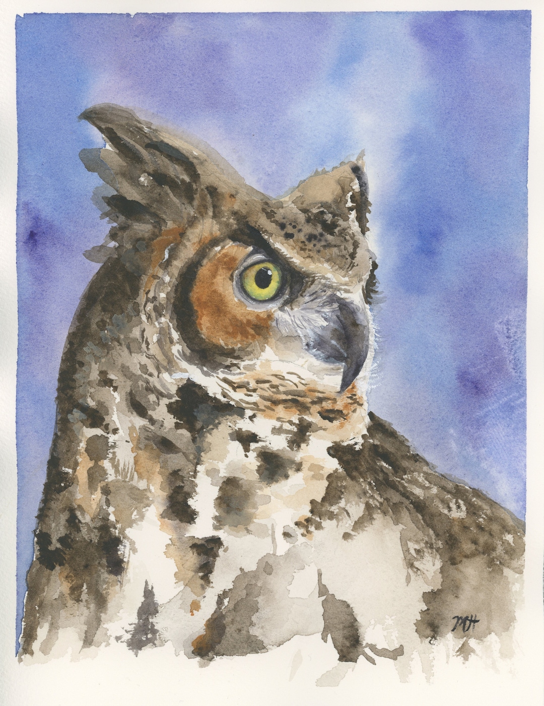 Great Horned Owl Watercolor, Original Watercolor Painting 8"x10" (NOT A ...