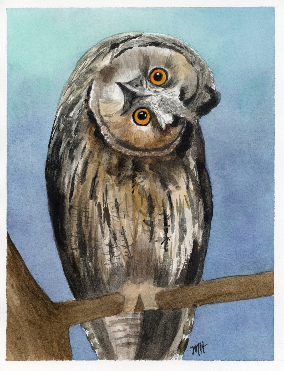 Original Head Turning Short-eared Owl Watercolor, Little Brown Owl ...